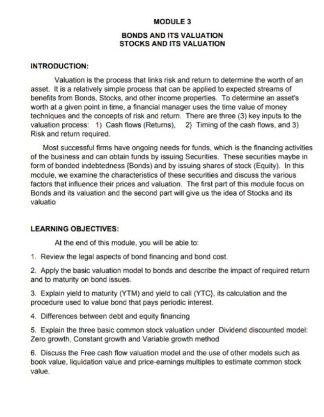 Solved MODULE 3 BONDS AND ITS VALUATION STOCKS AND ITS | Chegg.com