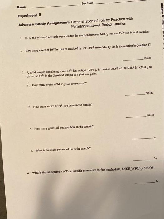 Solved Section Name Experiment 6 Data and Calculations: | Chegg.com