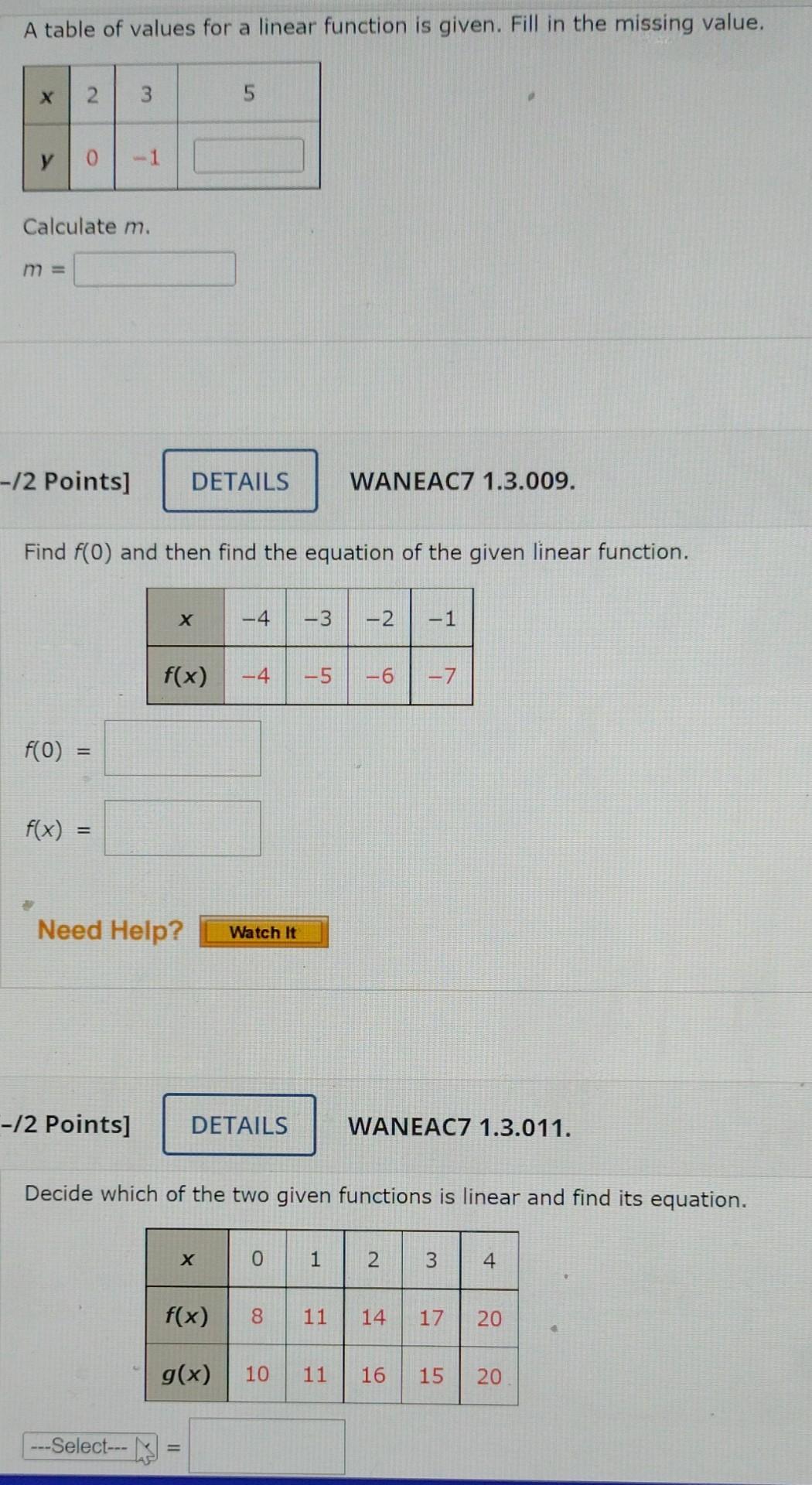 Solved A table of values for a linear function is given. | Chegg.com