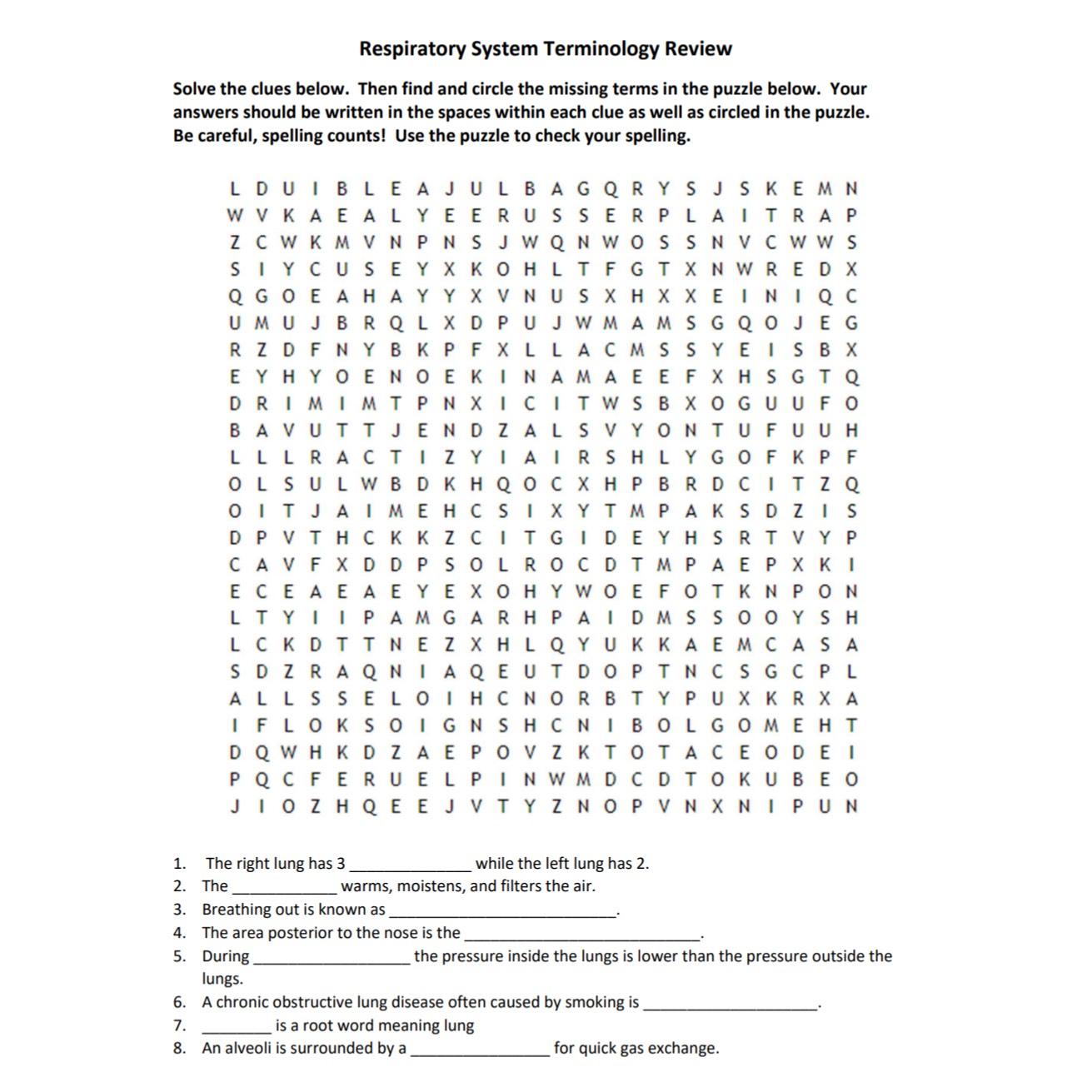 Solved Respiratory System Terminology ReviewSolve the clues | Chegg.com