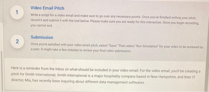 Solved Video Email Pitch 1 Write a script for a video email | Chegg.com