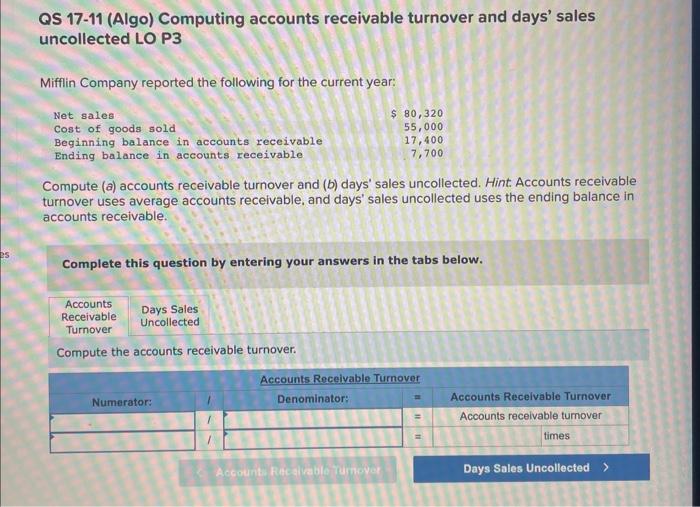 Solved QS 17-11 (Algo) Computing accounts receivable | Chegg.com