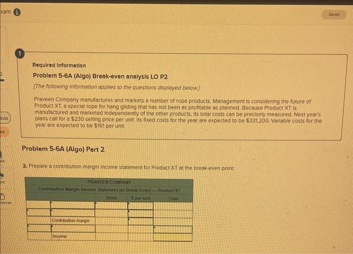 Solved Requlred Informetion Problem 5-6A (Algo) Break-even | Chegg.com