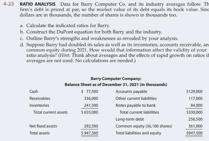 Solved 4-23 ﻿RATIO ANALYSIS Data for Barry Computer Co. ﻿and | Chegg.com