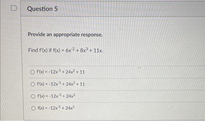 Solved Provide an appropriate response. Find f′(x) if | Chegg.com