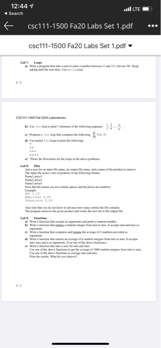 Solved 12:44 4 Search il LTE csc111-1500 Fa20 Labs Set 1.pdf | Chegg.com