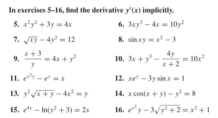 Solved In exercises 5-16, find the derivative y′(x) | Chegg.com