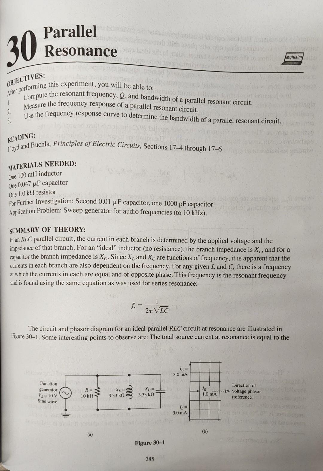 Solved Parallel 30 Resonance OBJECTIVES: After performing | Chegg.com