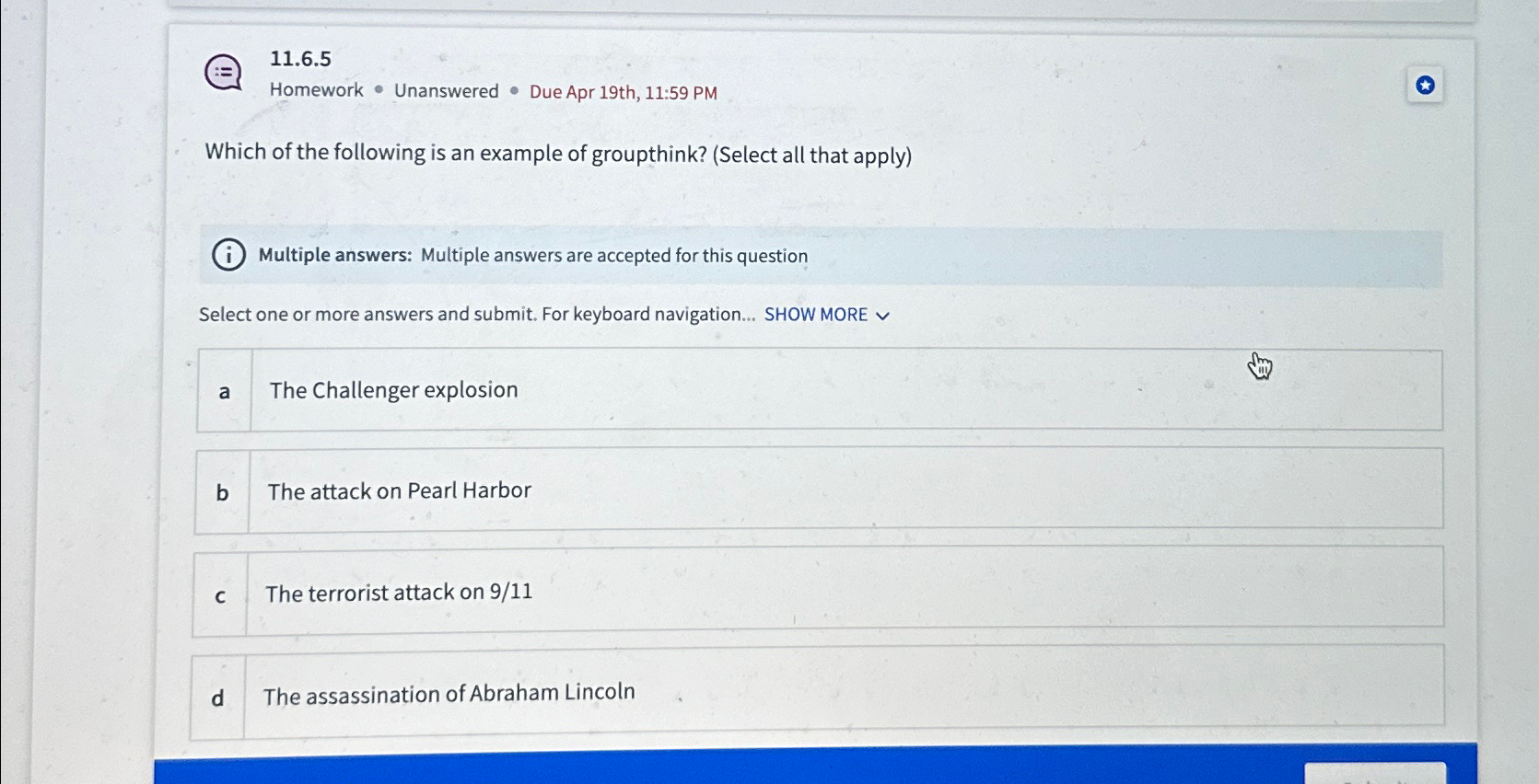 Solved 11.6 .5Homework * ﻿Unanswered * ﻿Due Apr 19th, 11:59 | Chegg.com