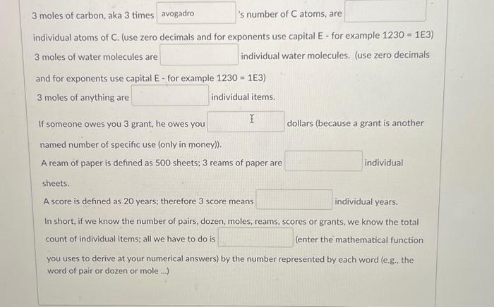 Solved 3 moles of carbon, aka 3 times 's number of C atoms, | Chegg.com