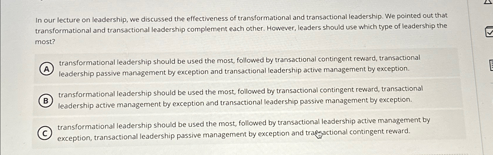 Solved In our lecture on leadership, we discussed the | Chegg.com