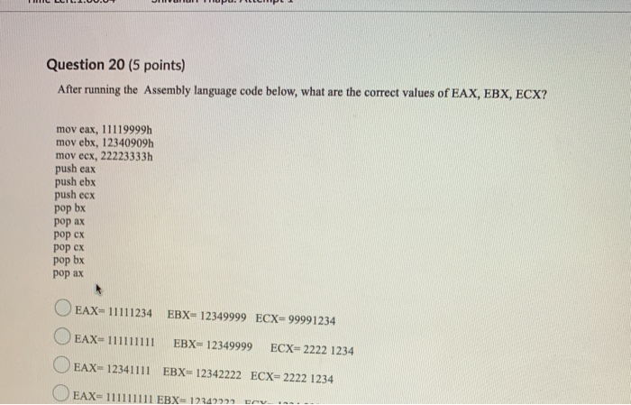 Solved Question 20 (5 points) After running the Assembly | Chegg.com