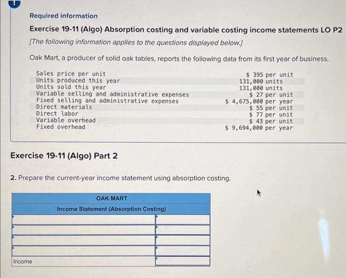 Solved Required information Exercise 19-11 (Algo) Absorption | Chegg.com