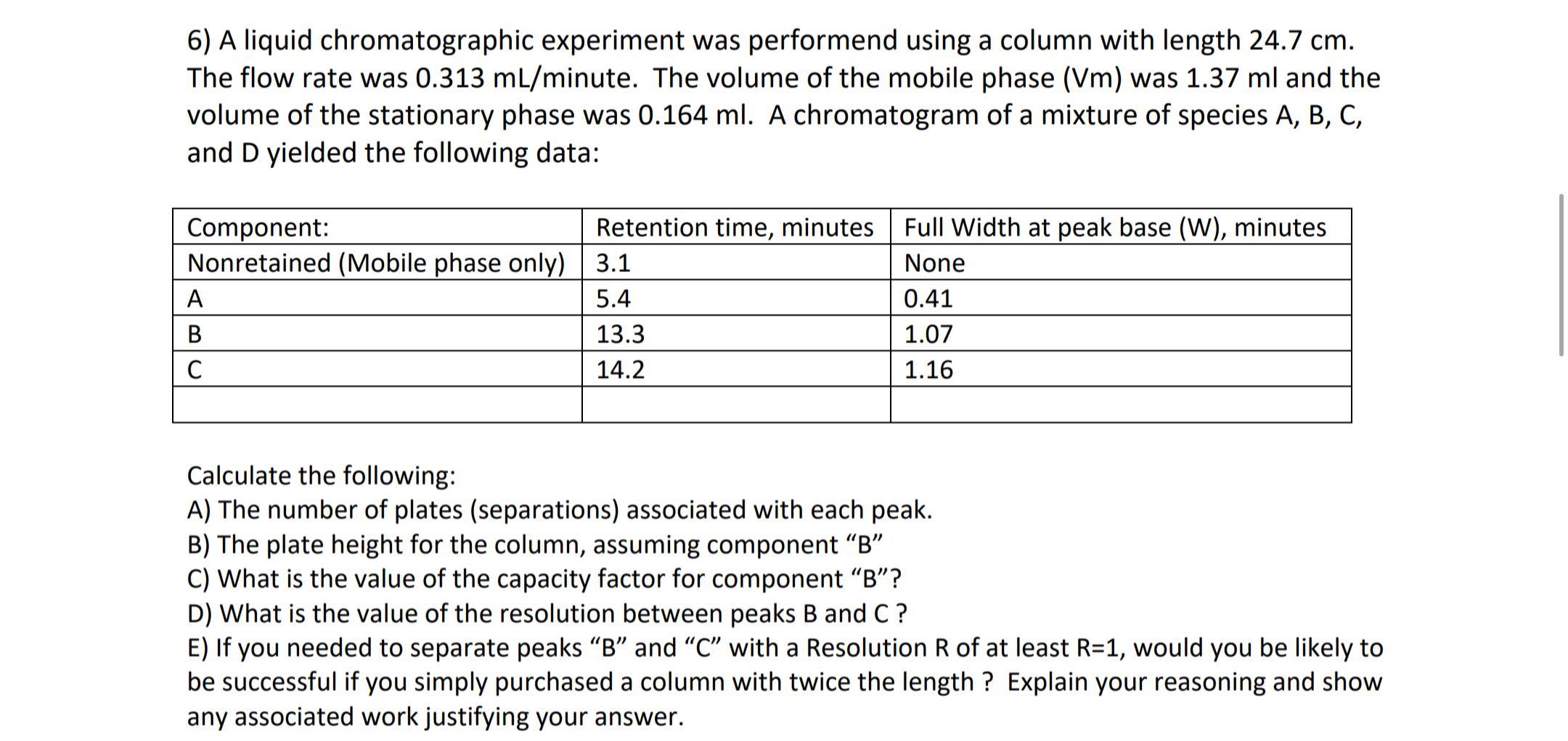 Solved A liquid chromatographic experiment was performend | Chegg.com