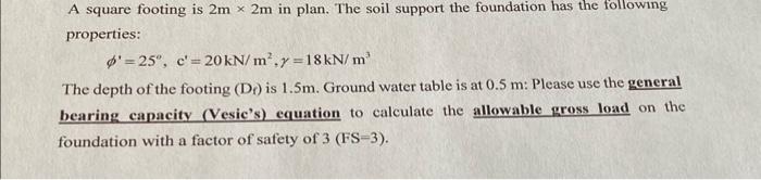 Solved A square footing is 2 m×2 m in plan. The soil support | Chegg.com