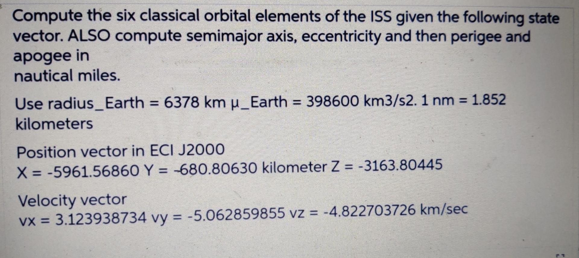 Solved Compute the six classical orbital elements of the ISS | Chegg.com