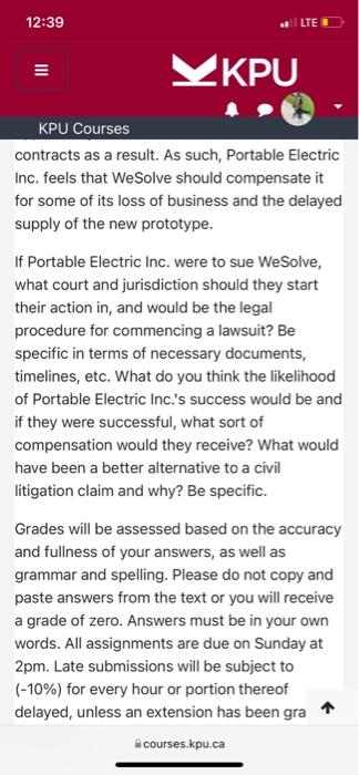 Solved 12:39 LTE KPU KPU Courses Portable Electric Inc. has | Chegg.com