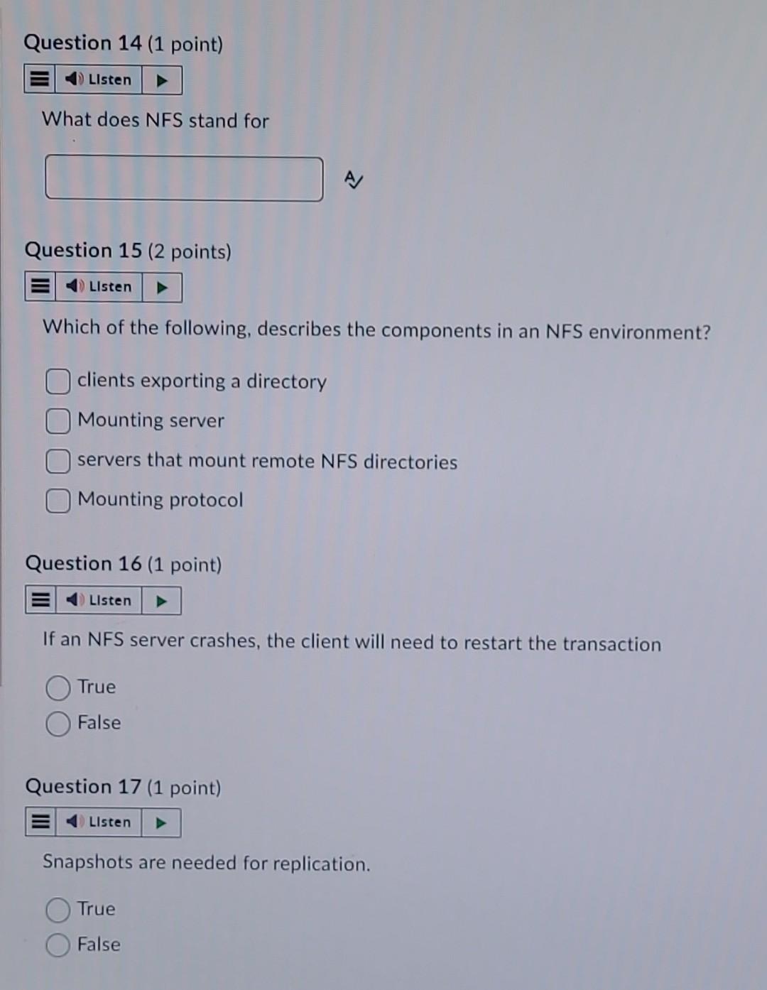 Solved What does NFS stand for A) Question 15 (2 points) | Chegg.com