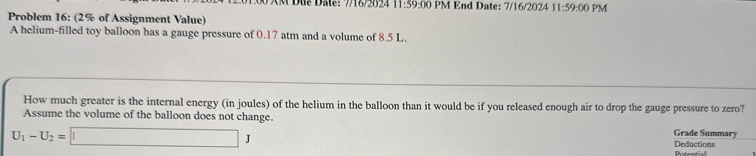 Problem 16: (2% ﻿of Assignment Value)A helium-filled | Chegg.com