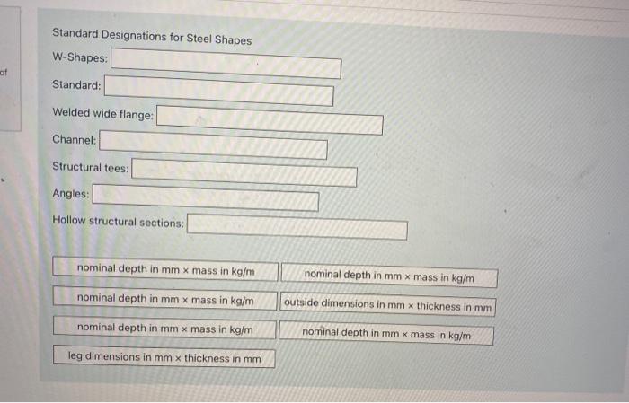 Solved Standard Designations for Steel Shapes W-Shapes: | Chegg.com