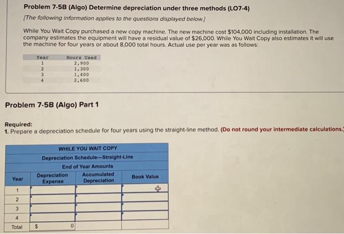 Solved Problem 7-5B (Algo) Determine depreciation under | Chegg.com