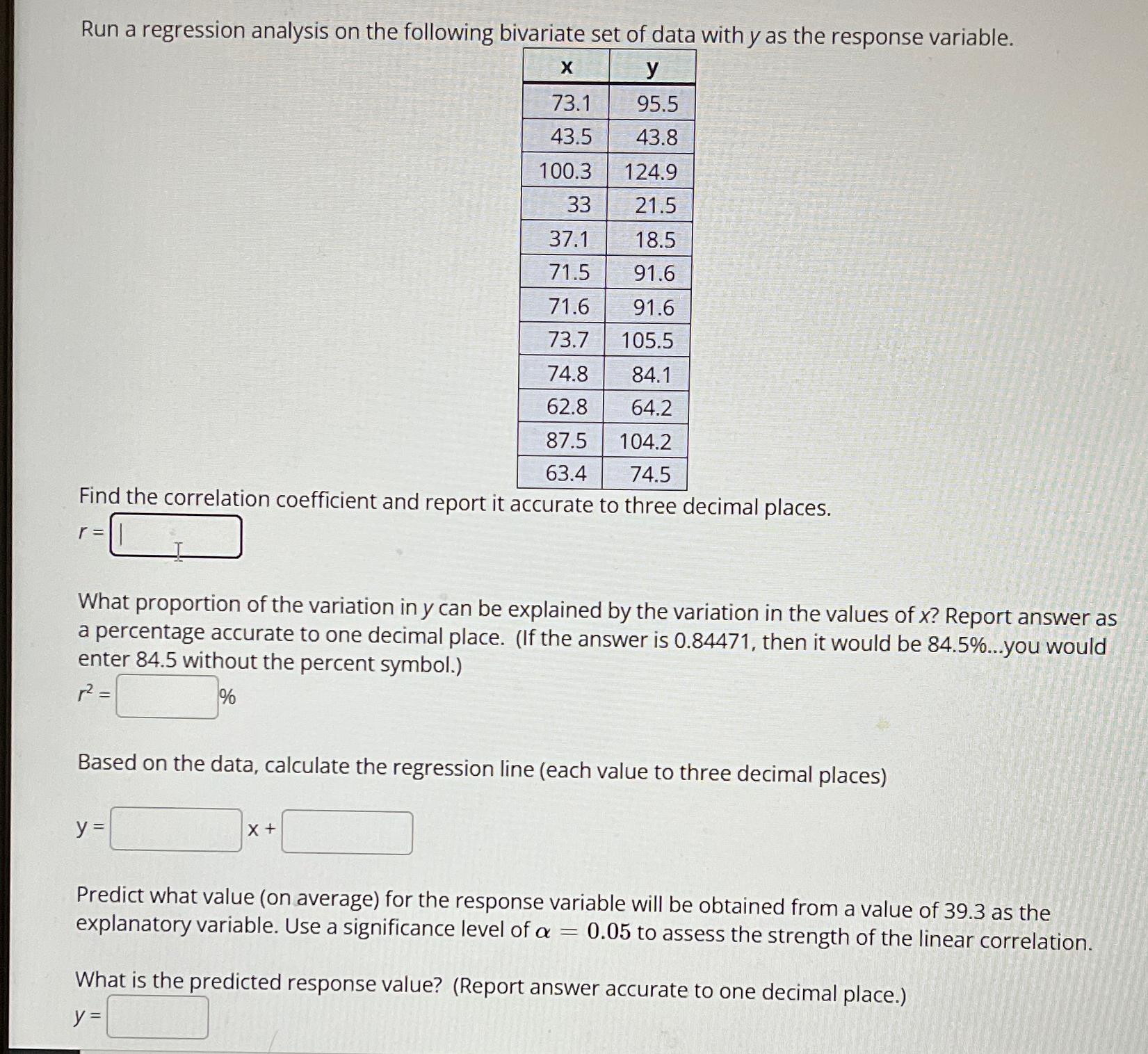 Solved Run a regression analysis on the following bivariate | Chegg.com