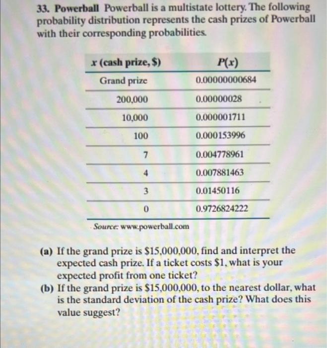 Solved 33. Powerball Powerball is a multistate lottery. The | Chegg.com