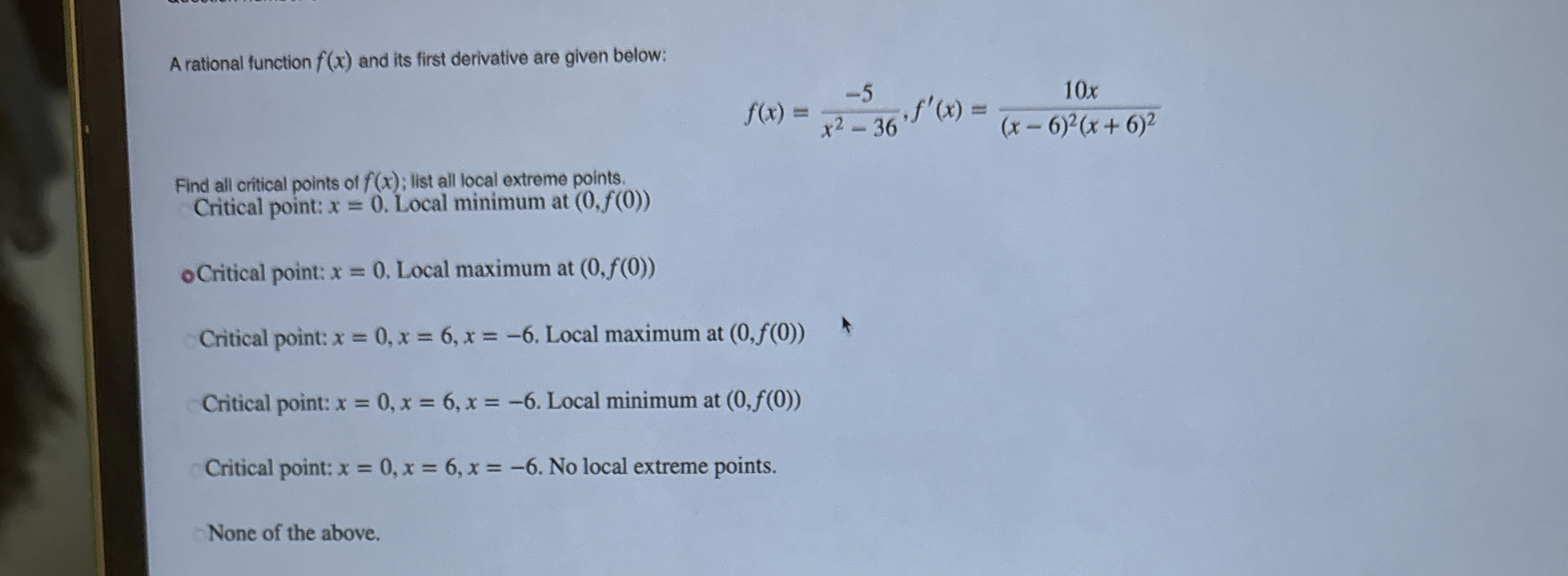 Solved A rational function f(x) ﻿and its first derivative | Chegg.com