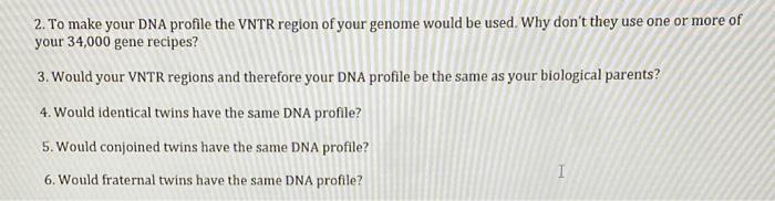 Solved 2. To make your DNA profile the VNTR region of your | Chegg.com