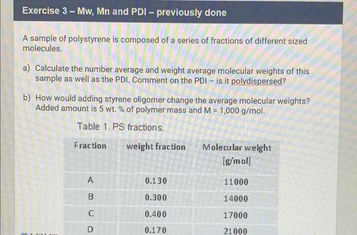 Solved Exercise 3 - Mw, Mn and PDI - previously done A | Chegg.com