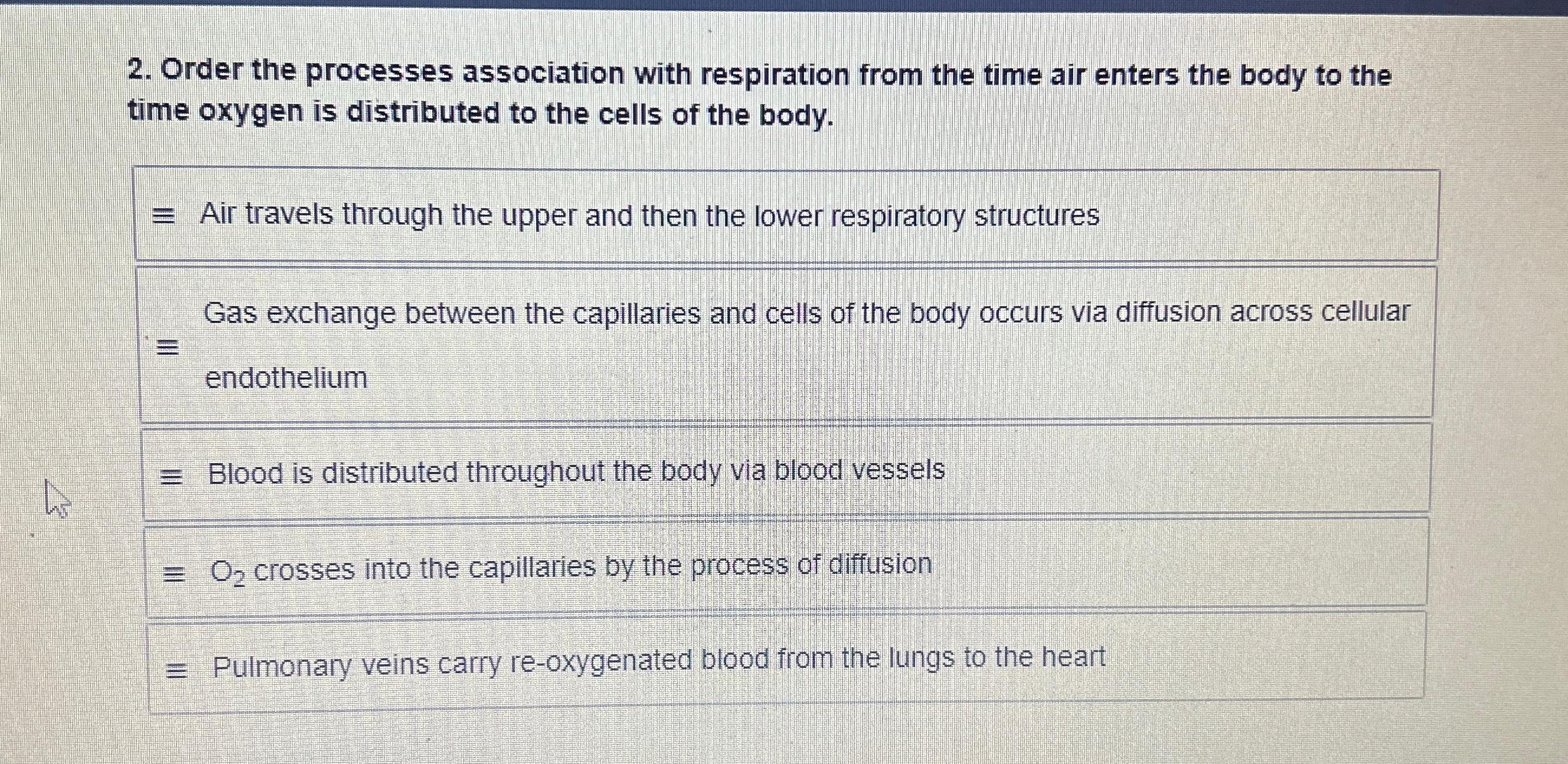Solved Order the processes association with respiration from | Chegg.com