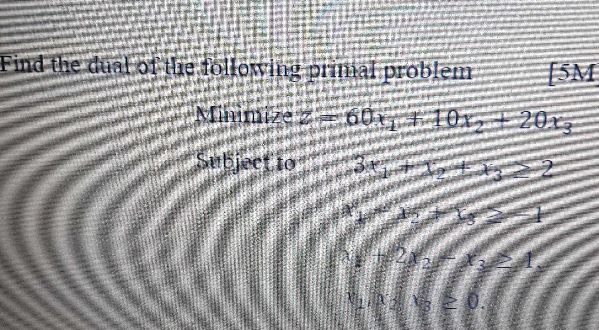 6261 Find the dual of the following primal problem | Chegg.com