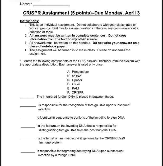 CRISPR Assignment (5 points)-Due Monday, April 3 | Chegg.com