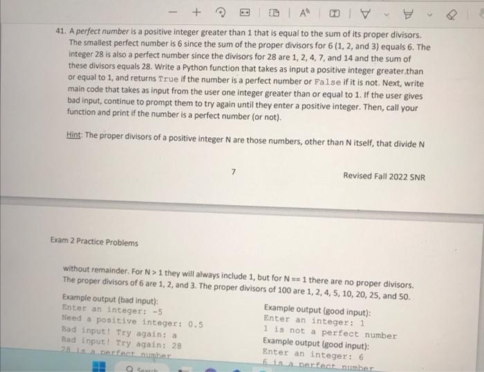 Solved 41. A perfect number is a positive integer greater | Chegg.com