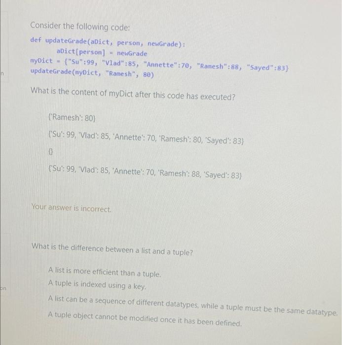 Solved Consider the following code: def updateGrade (adict | Chegg.com