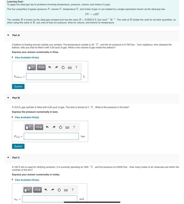 Solved Learning Goal: To apply the ideal gas law to problems | Chegg.com