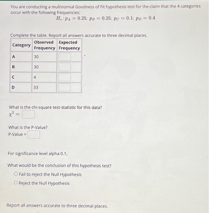 Solved You are conducting a multinomial Goodness of Fit | Chegg.com