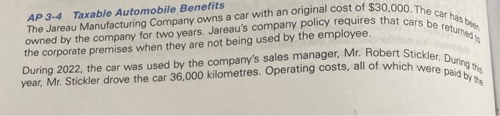 Solved AP 3-4 Taxable Automobile Benefits The Jareau | Chegg.com