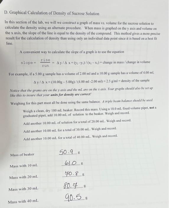 Solved D. Graphical Calculation of Density of Sucrose | Chegg.com