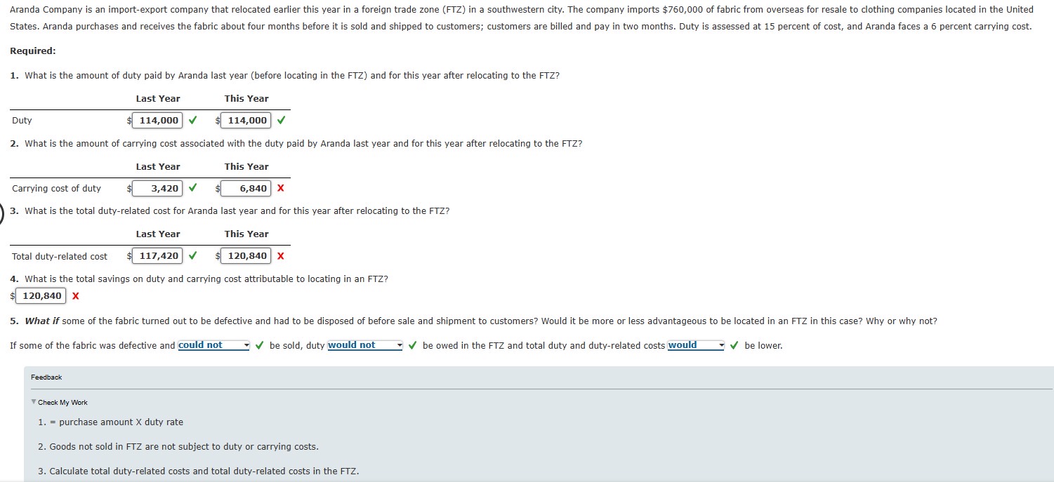 Solved Feedback Theck My Work\( = \) ﻿purchase amount X duty | Chegg.com
