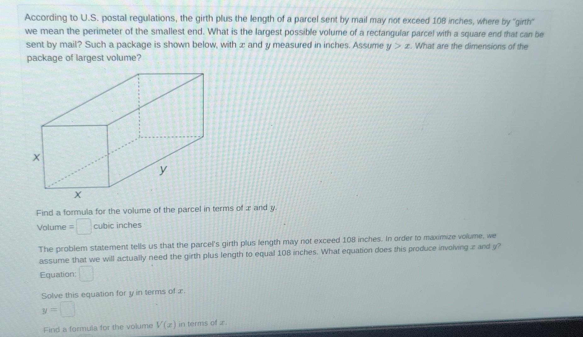 Solved According to U.S. postal regulations, the girth plus | Chegg.com