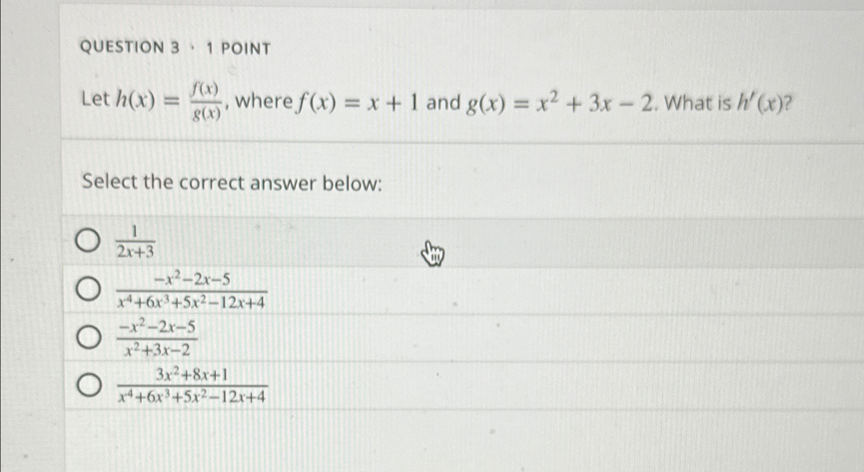 Solved QUESTION 3 - 1 POINTLet h(x)=f(x)g(x), where | Chegg.com Solved QUESTION 3 - 1 POINTLet h(x)=f(x)g(x), where | Chegg.com