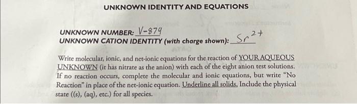 Solved UNKNOWN NUMBER: V-874 UNKNOWN CATION IDENTITY (with | Chegg.com