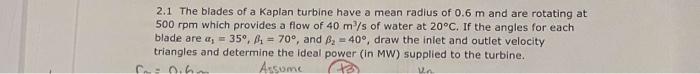 Solved 2.1 The blades of a Kaplan turbine have a mean radius | Chegg.com