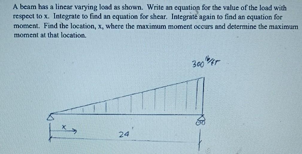 Solved A beam has a linear varying load as shown. Write an | Chegg.com