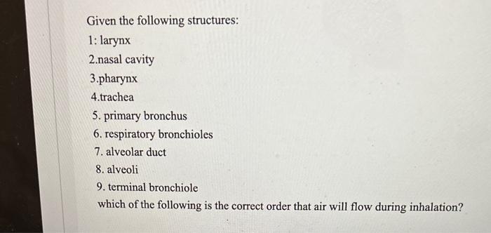 Solved Given the following structures: 1: larynx 2.nasal | Chegg.com