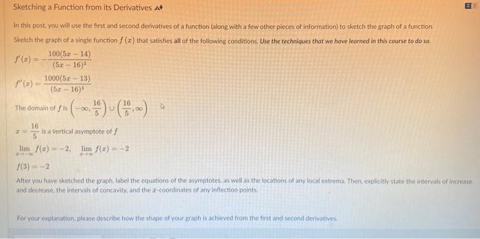 Solved Sketching a Function from its Derivatives In this | Chegg.com