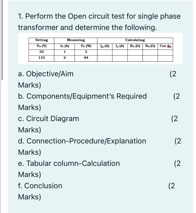 Solved 1. Perform the Open circuit test for single phase | Chegg.com