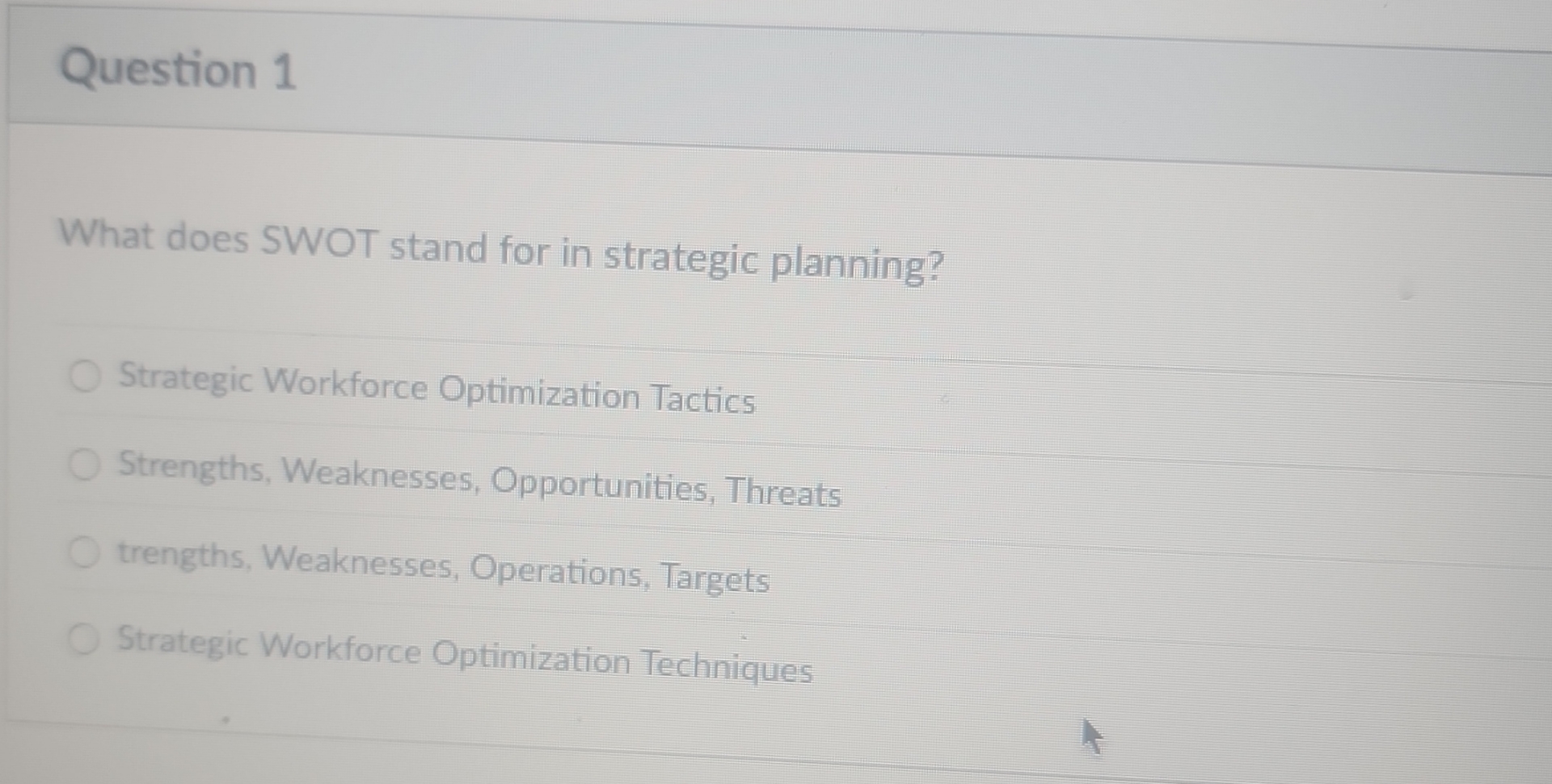 Solved Question 1What does SWOT stand for in strategic | Chegg.com
