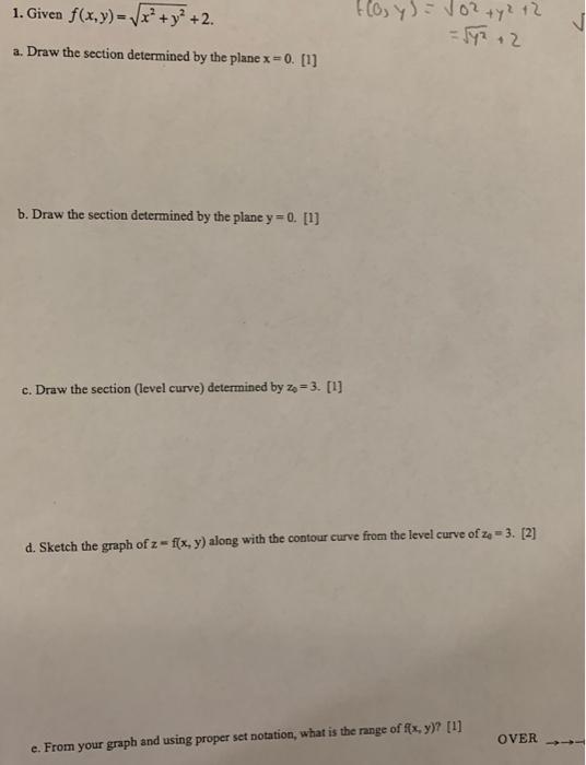 Solved 1. Given f(x,y)=x2+y2+2. f(0,y)=02+y2+2=y2+2 a. Draw | Chegg.com